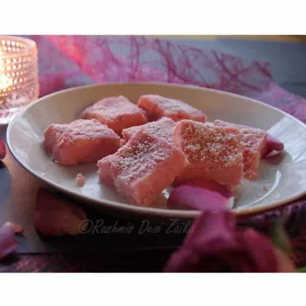 How to make Coconut Rose Burfi-pink Burfi Recipe