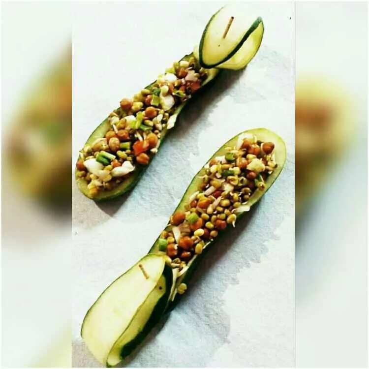 How to make Moong And Channa Sprouts Cucumber Boat Recipe