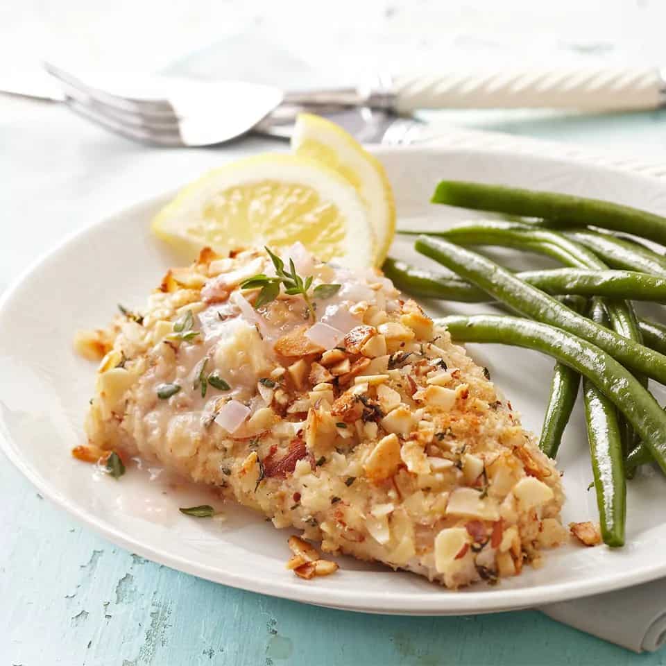 How to make Almond-thyme-crusted Mahi Mahi With Lemon Chardonnay Sauce ...