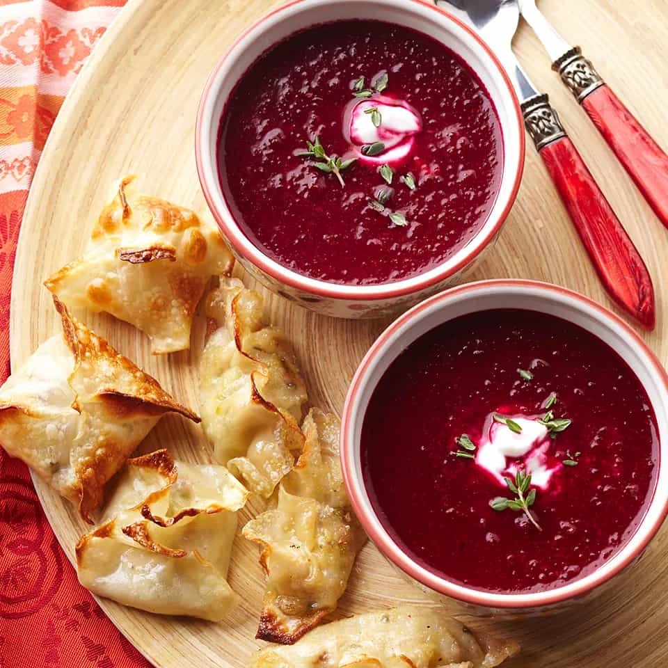 How to make Roasted Beet Soup With Pork Dumplings Recipe