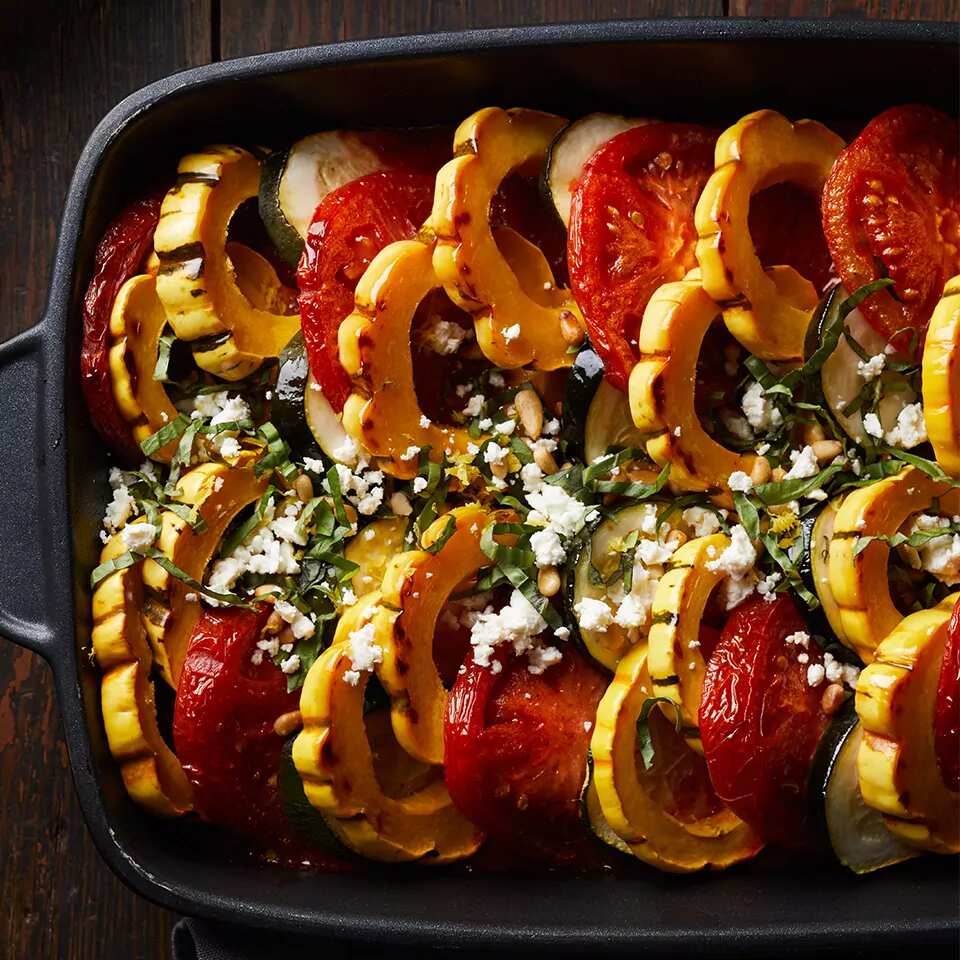 How to make Squash-tomato Bake With Basil And Pine Nut Gremolata Recipe