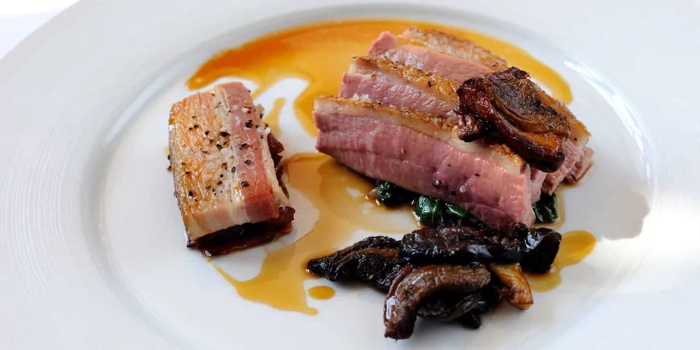 How to make Honey Roast Duck , Pork Belly & Ceps Recipe