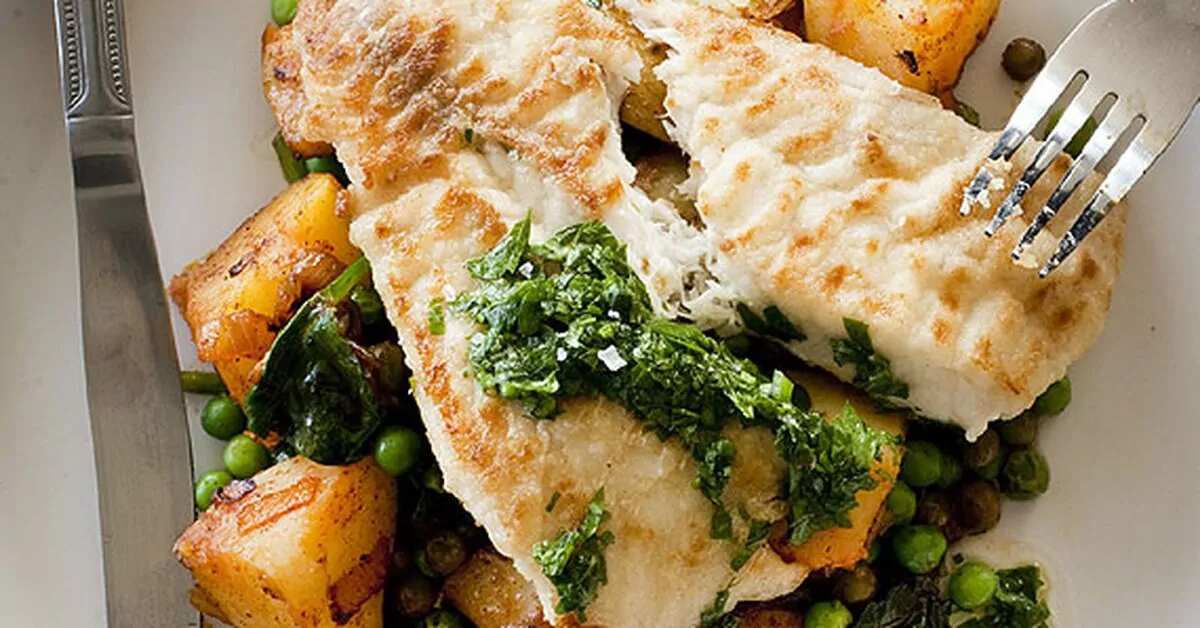 How to make Blue-eye Cod With Spanish Potatoes, Peas And Chorizo Recipe