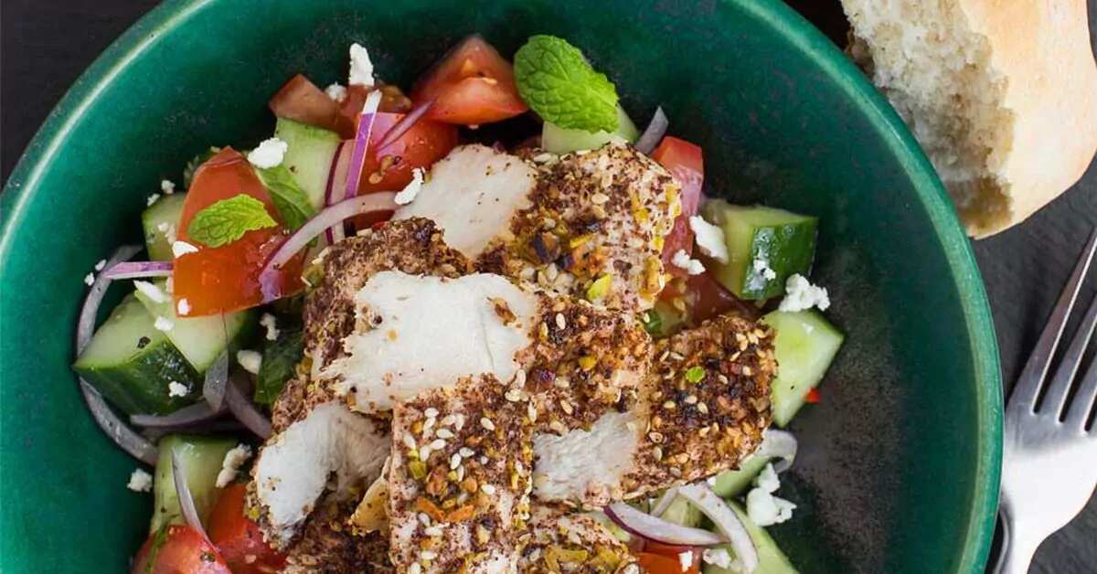 How to make Dukkah Chicken With Hummus And Feta Salad Recipe