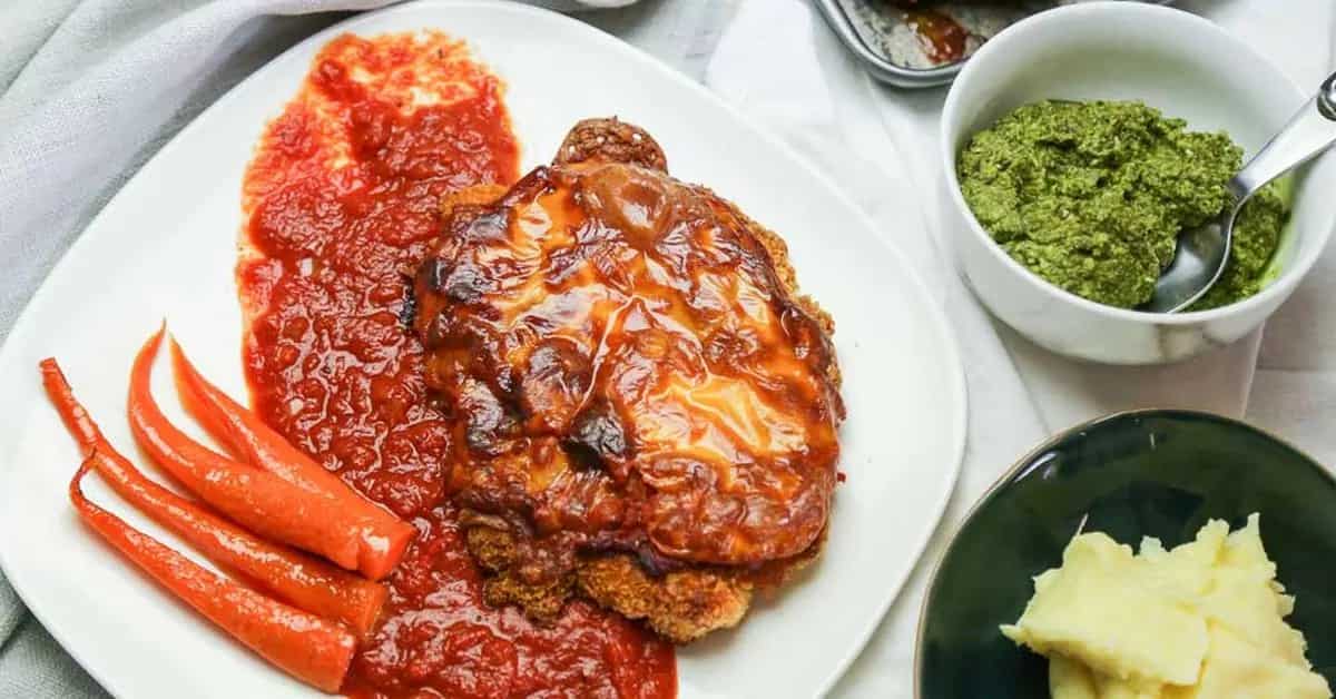 How to make Chicken Parma With Mash, Honey Glazed Carrots And Creamed ...