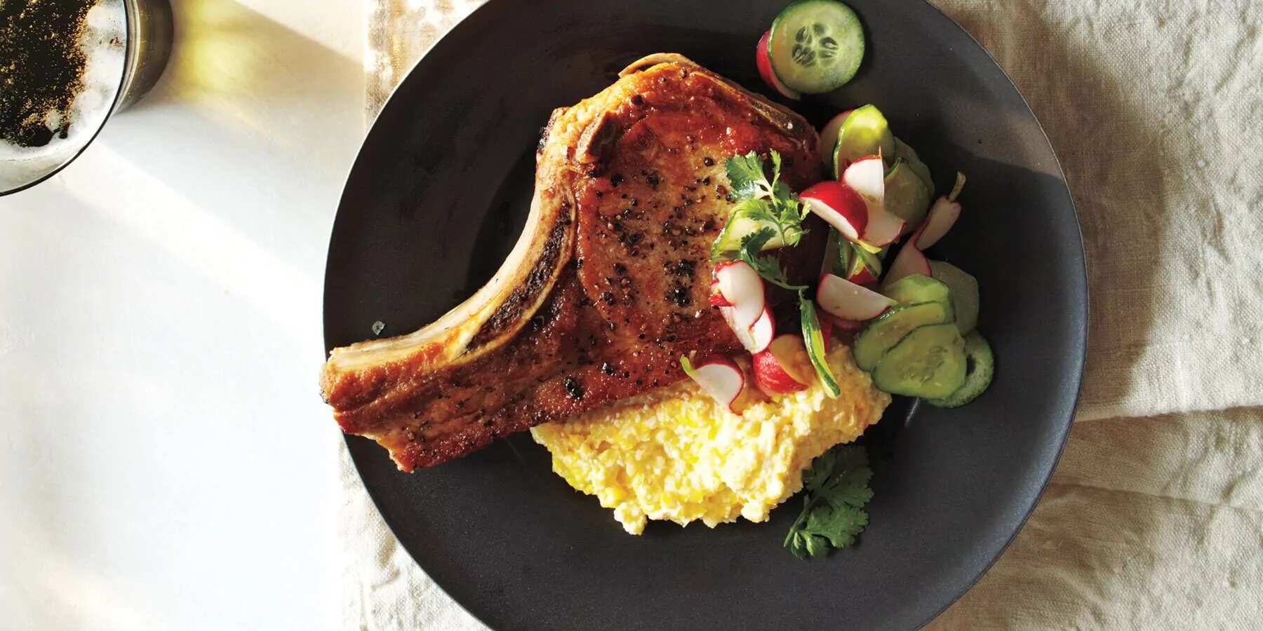 How to make Pork Chops And Cotija Corn Puree With Radish, Cucumber, And ...