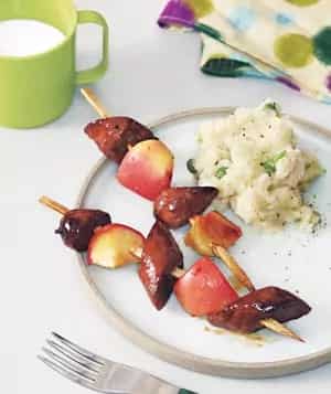 How to make Sausage And Apple Kebabs With Smashed Potatoes And Peas Recipe