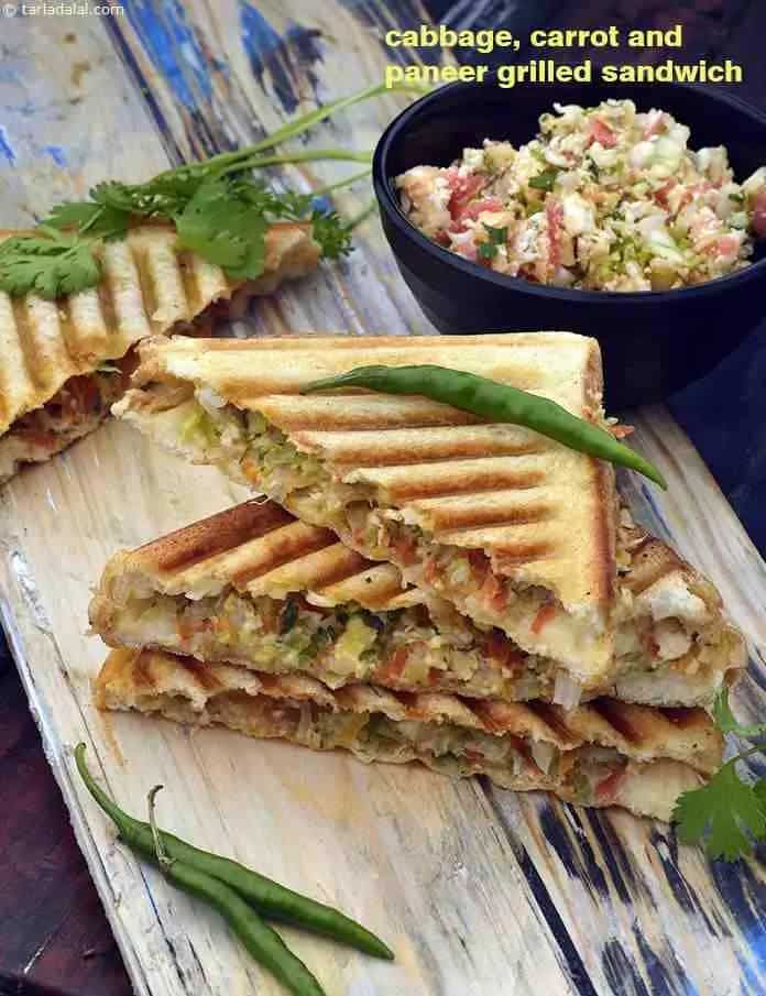 How to make Cabbage, Carrot And Paneer Grilled Sandwich Recipe