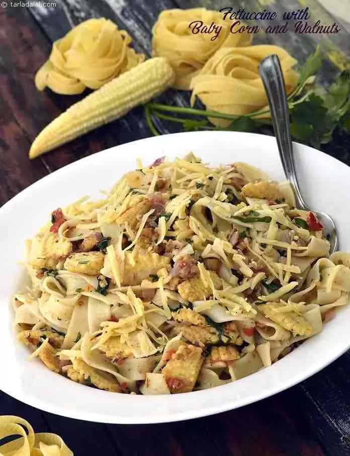 How to make Fettuccine With Baby Corn And Walnuts Recipe