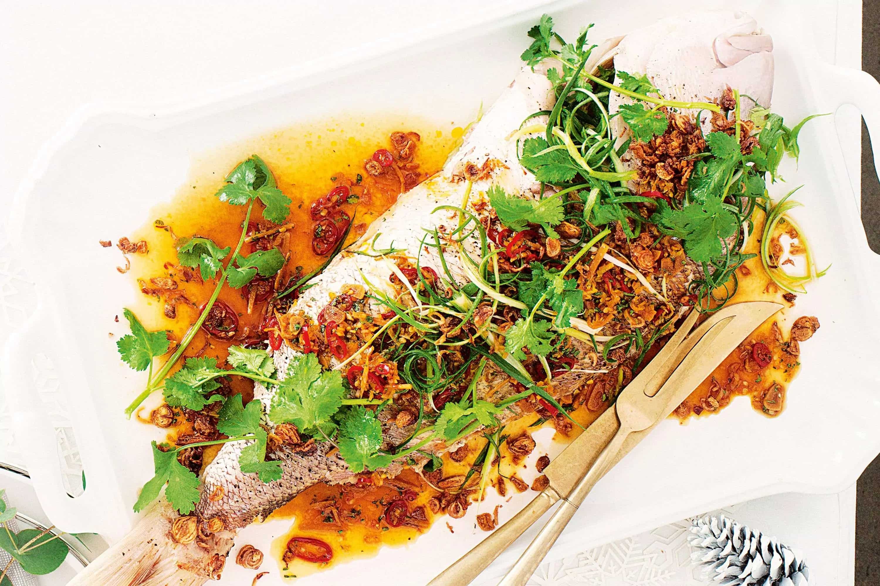 How to make Baked Snapper With Crunchy Asian-style Dressing Recipe