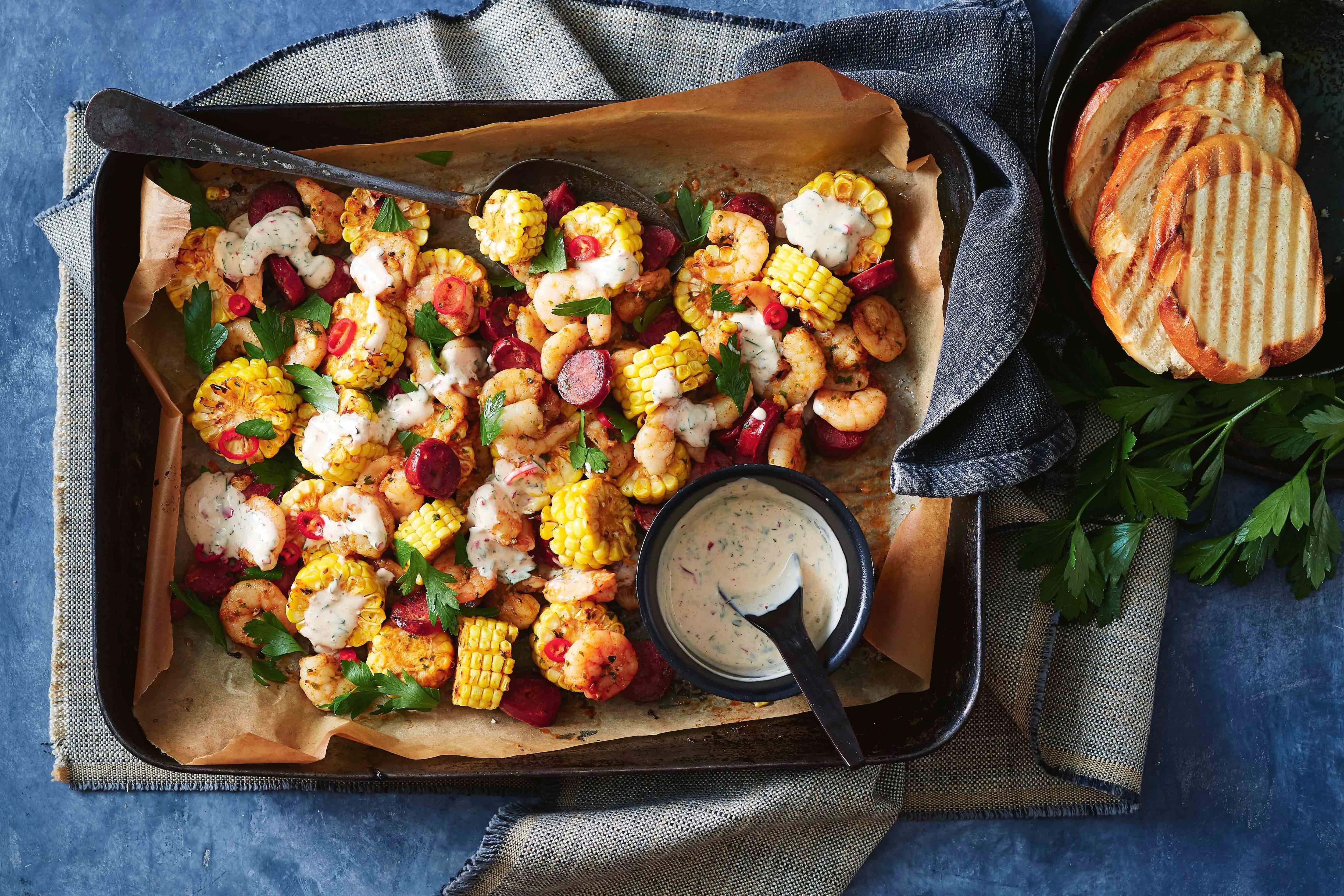 How to make Crispy Chorizo Corn And Prawn Tray Bake Recipe