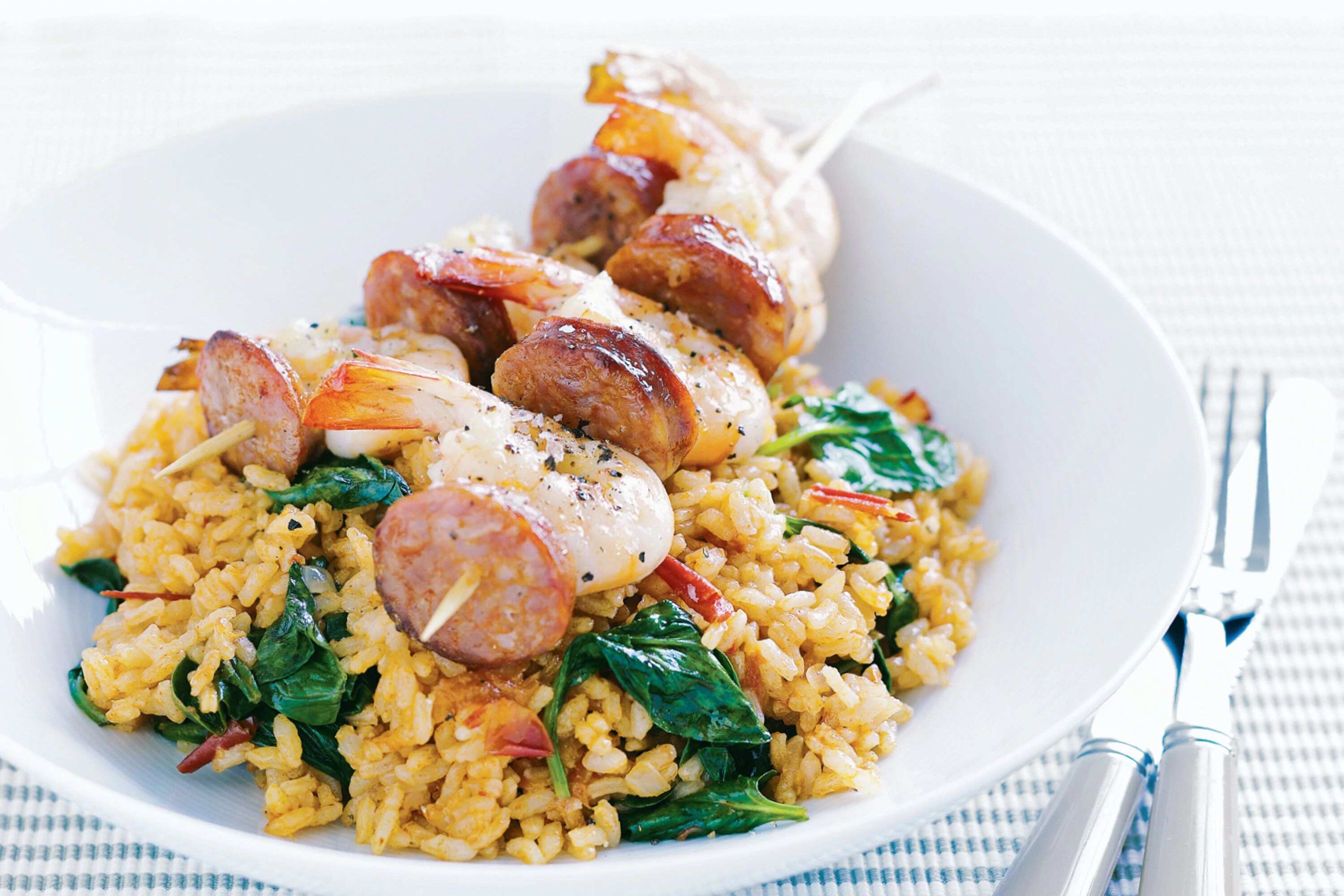 How to make Prawn And Chorizo Skewers With Spinach Rice Pilaf Recipe