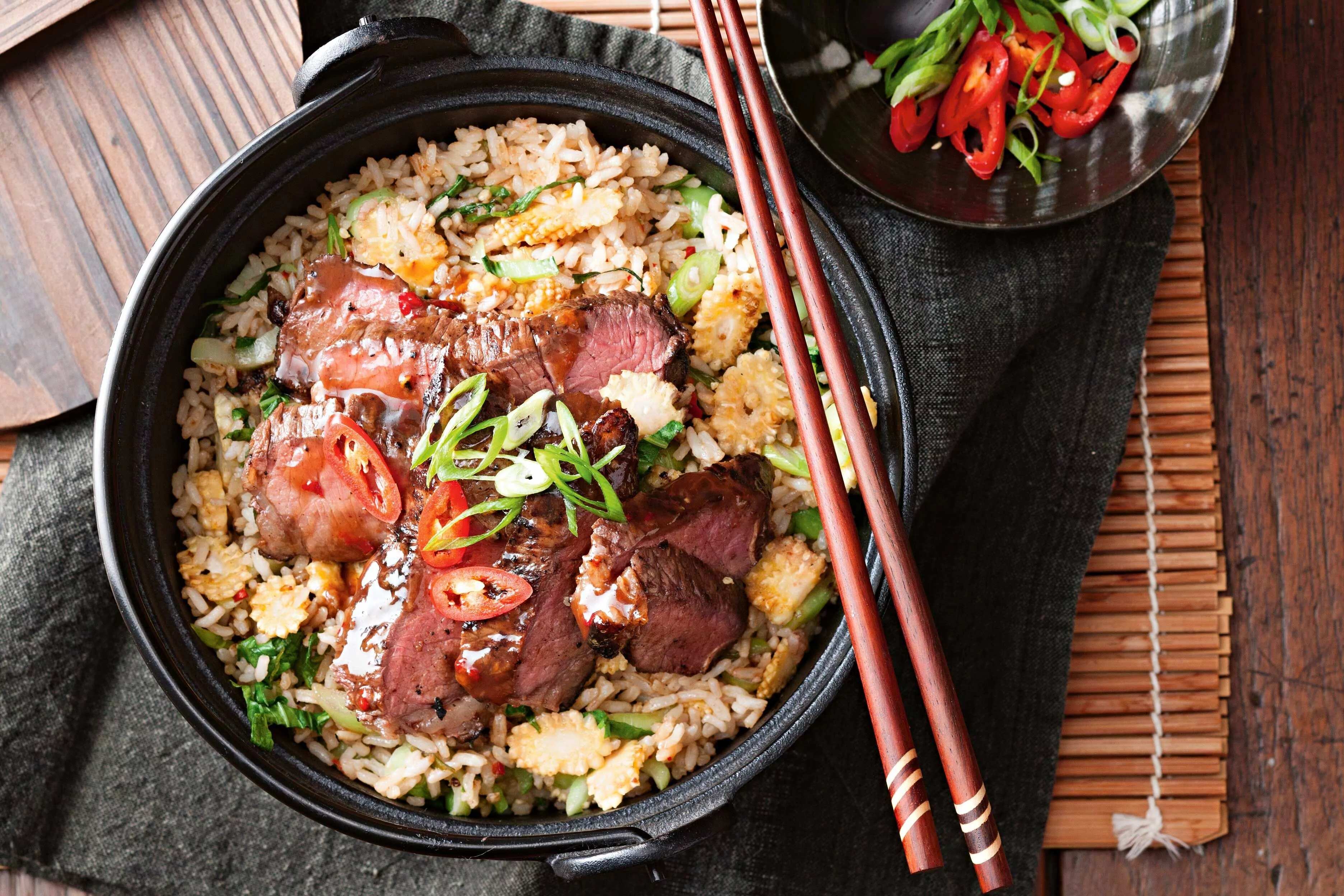 How to make Wok-seared Chilli Plum Steaks With Corn Fried Rice Recipe